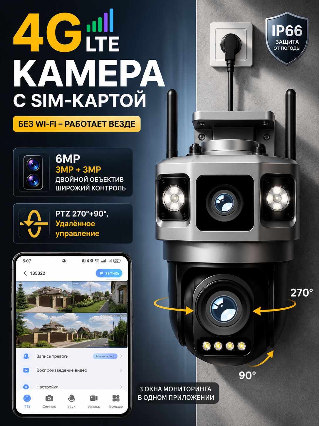 4G камера видеонаблюдения с SIM-картой 6 МП, два объектива, поворотная PTZ IP66, обнаружение человека, двусторонняя связь, цветное ночное видение