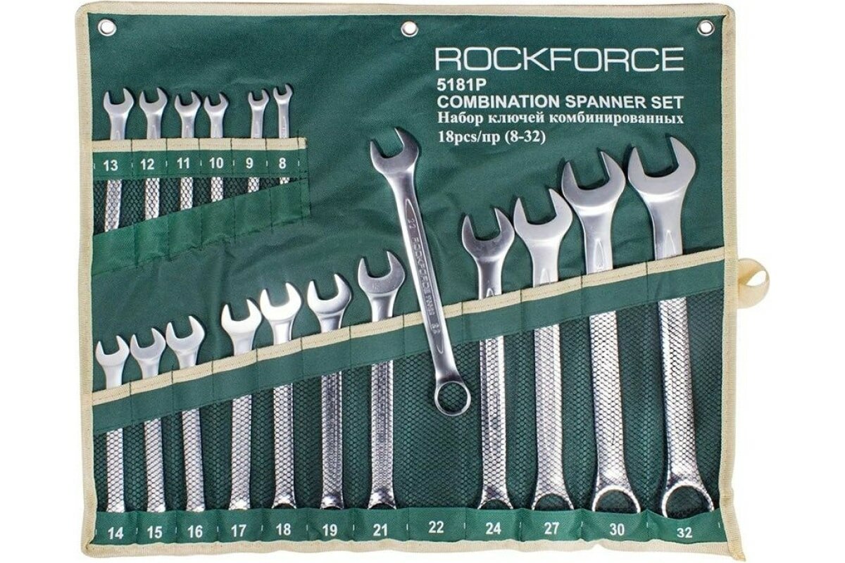 Набор ключей комбинированных ROCKFORCE RF-5181P, 18 предметов, 8-19, 21, 22, 24, 27, 30, 32 мм, на полотне
