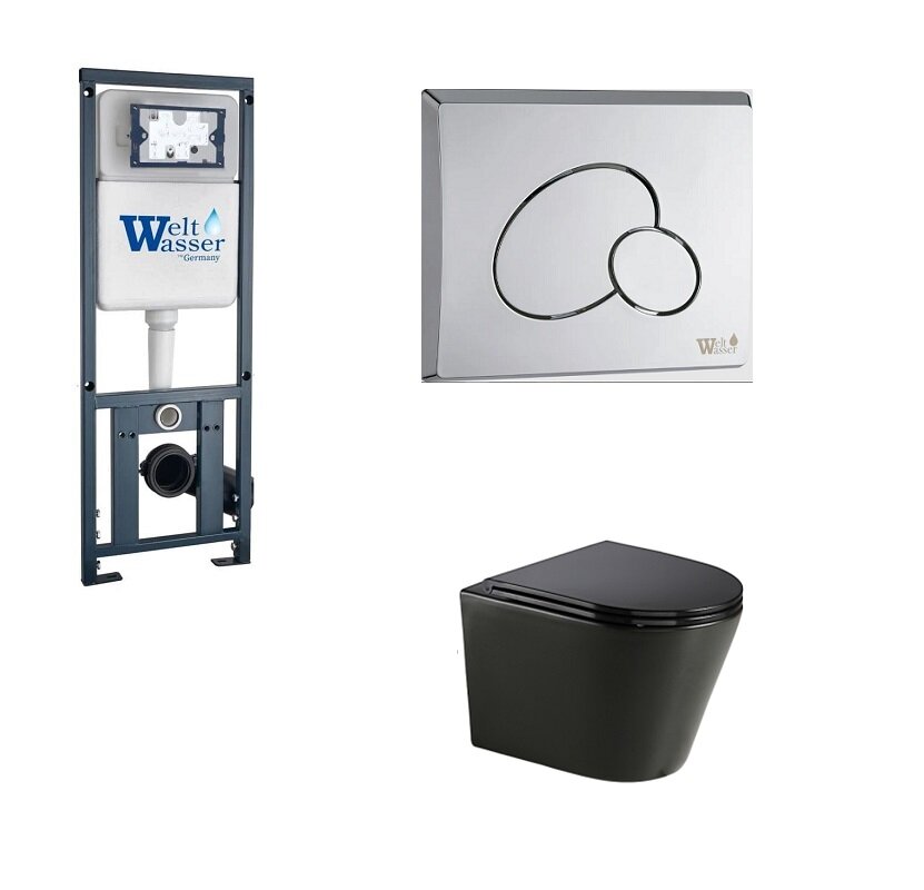 Унитаз с инсталляцией WeltWasser MARBERG 410+SALZBACH 043 GL-BL+MAR 410 RD CR черный/кнопка хром, безободковый, с крышкой микролифт, слив торнадо