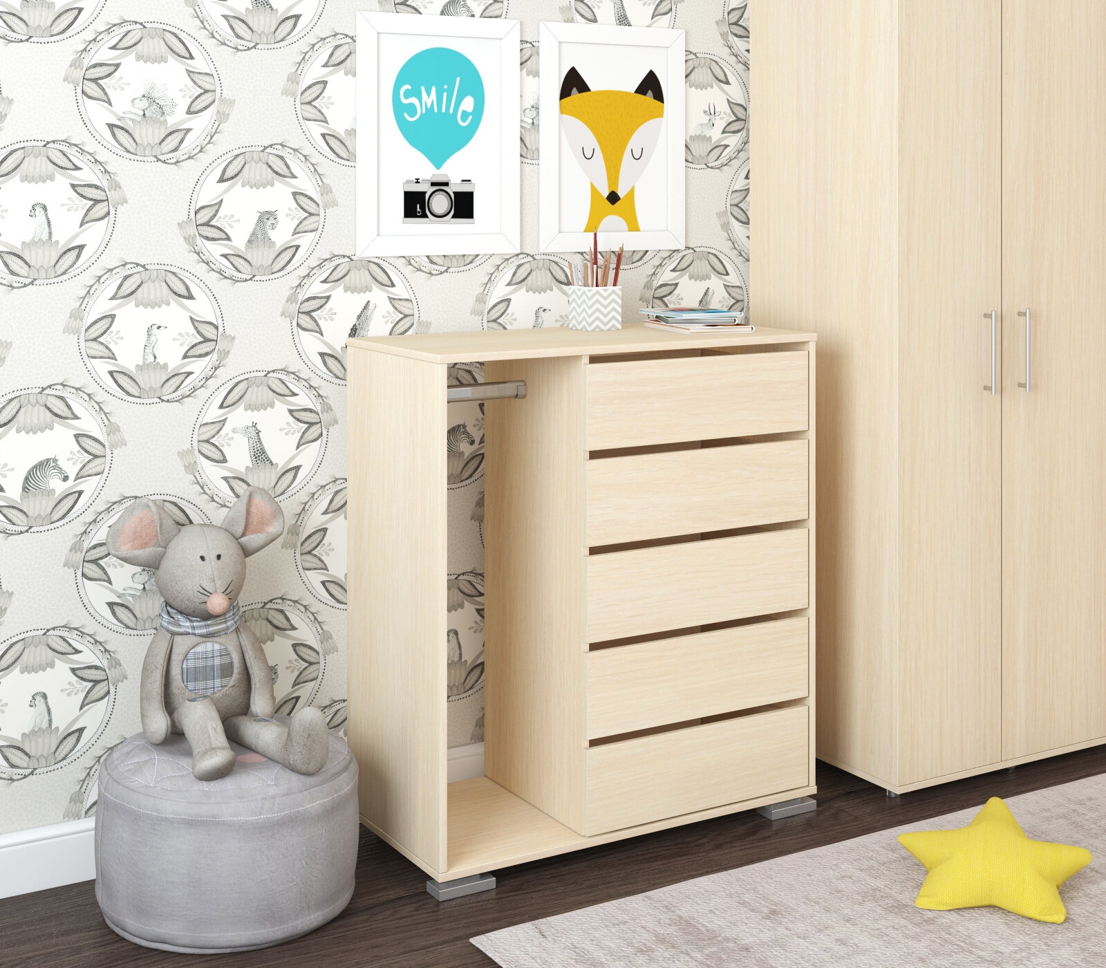 Шкаф, комод, шкаф-комод с ящиками, со штангой Есэндвич Лаворо, 90x43х102 см, правый (Выбеленный Дуб)