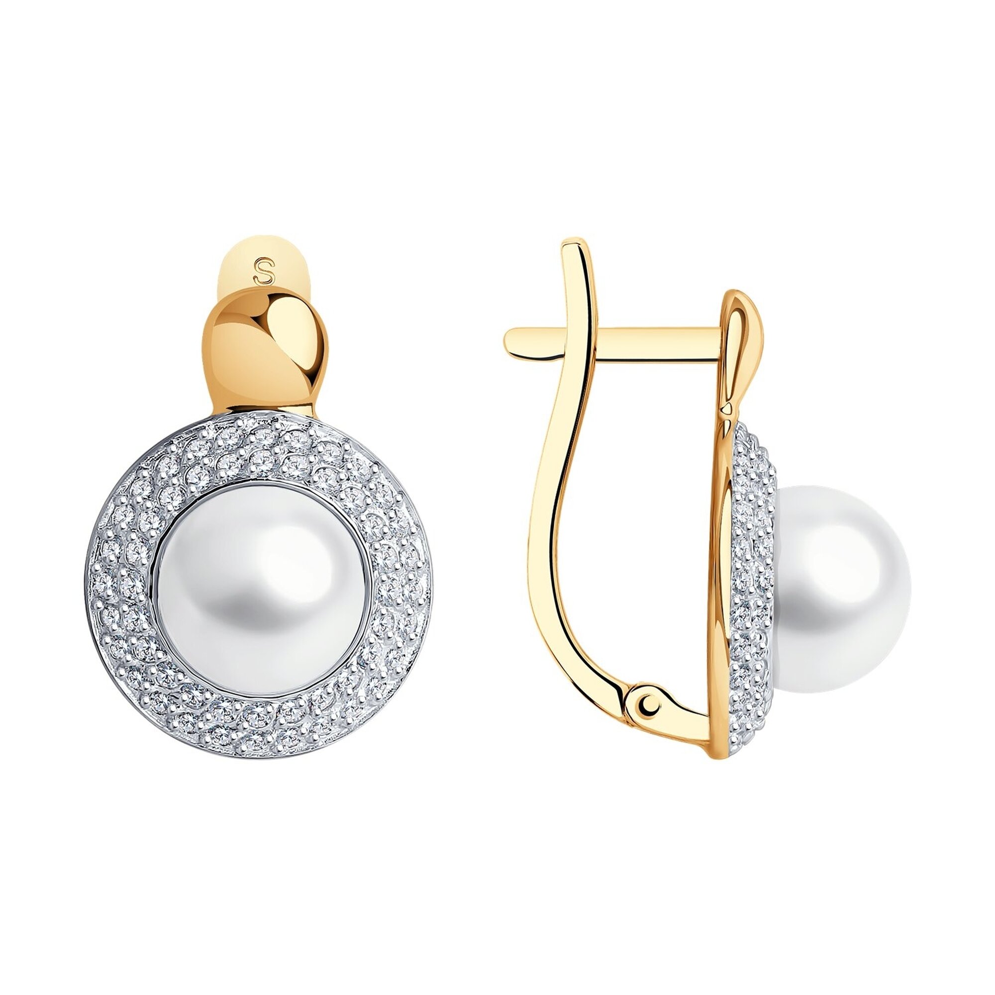 Серьги, красное золото, 585 проба, фианит, жемчуг