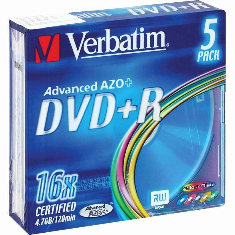 Носители информации DVD+R, 16x, Verbatim Colour, Slim/5, 43556, 86631