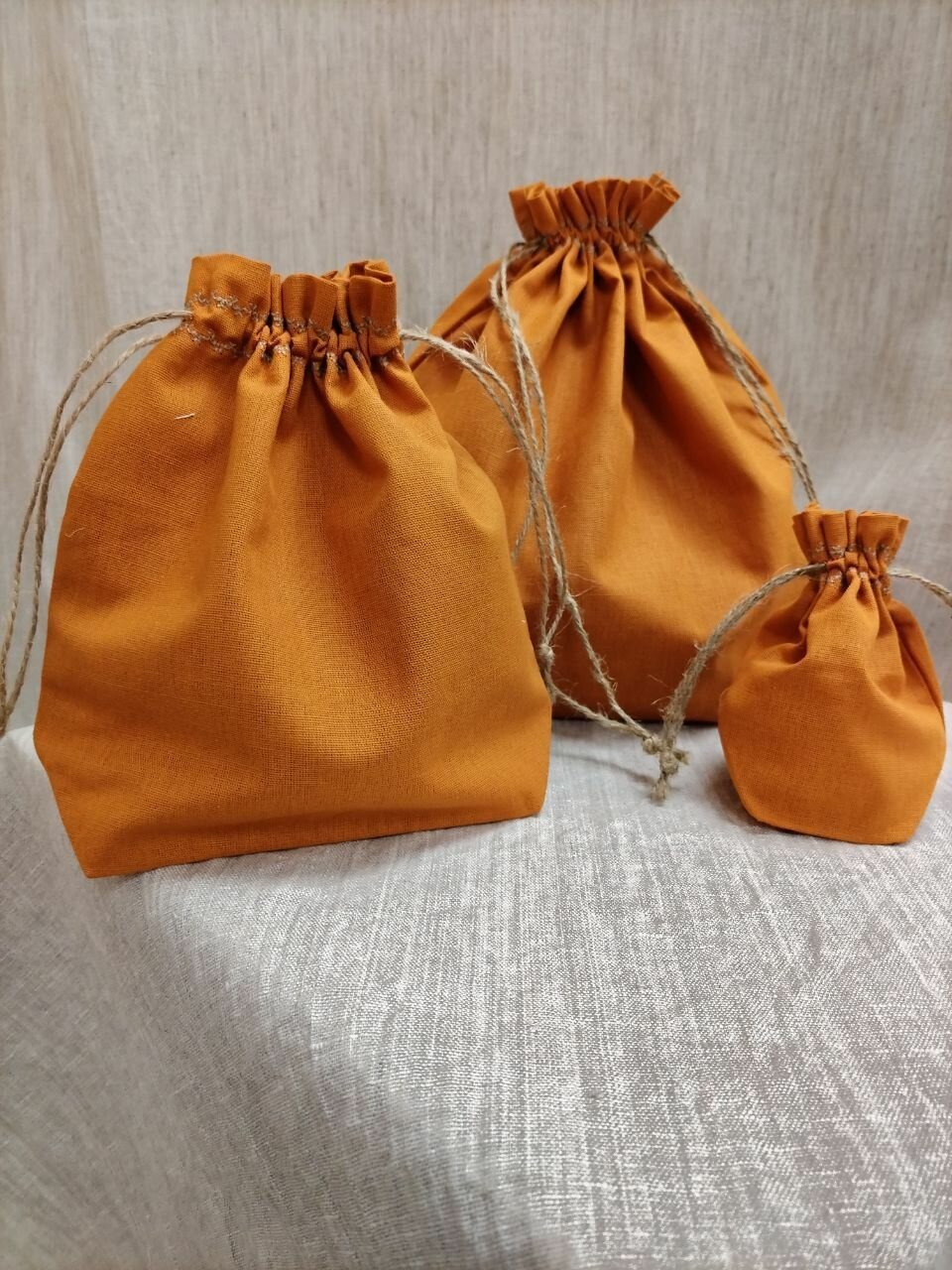 Набор мешочков для хранения, лен/хлопок, 3 штуки, ручная работа, вышивка.