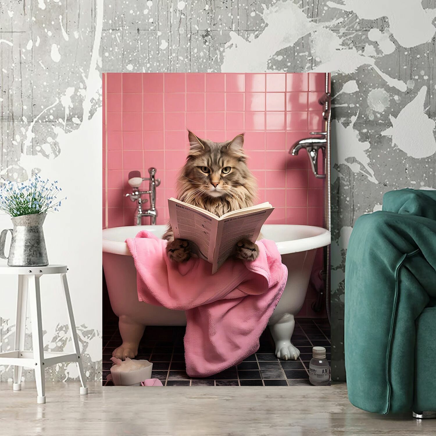 Картина в туалет, ванную комнату, Кот в ванной