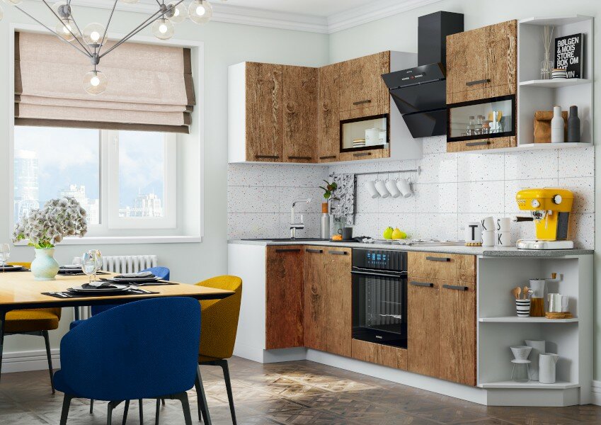 Угловая кухня Эра-мебели Техно 900х2700 h2100mm левый угол Компановка №2, цвет экзотическое дерево амазонии