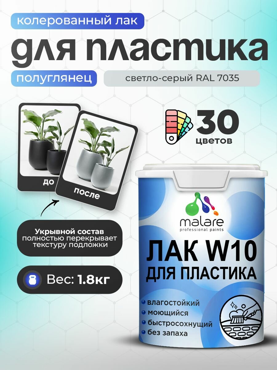 Лак колерованный укрывной для защиты пластика Malare W10 акриловый моющийся быстросохнущий, полуглянцевый RAL 7035 светло-серый, 1.8 кг.