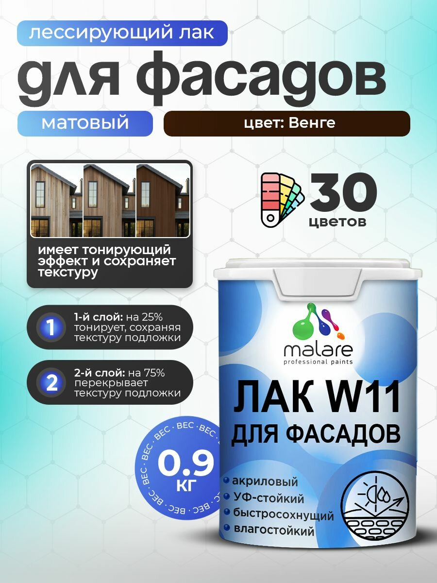 Лак колерованный тонирующий фасадный Malare W11 для защиты фасадов зданий, для дерева, камня и кирпича, быстросохнущий влагостойкий экологичный, матовый, венге, 0.9 кг.