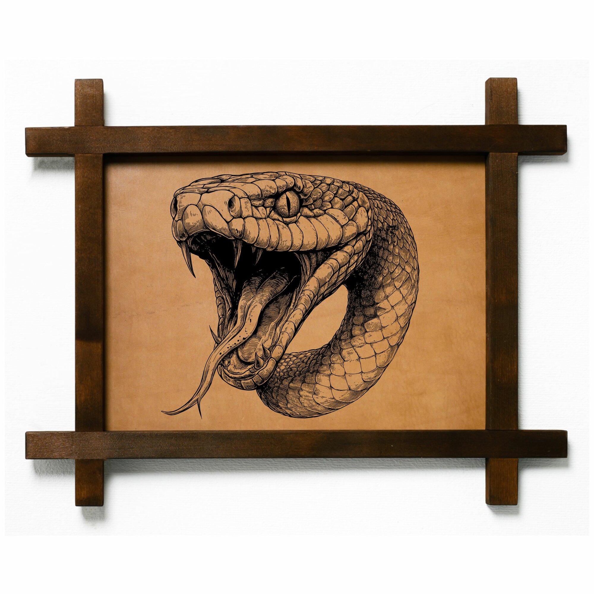 Интерьерная картина из натуральной кожи "Змея №6", декоративное настенное панно в деревянной раме, BoomGift