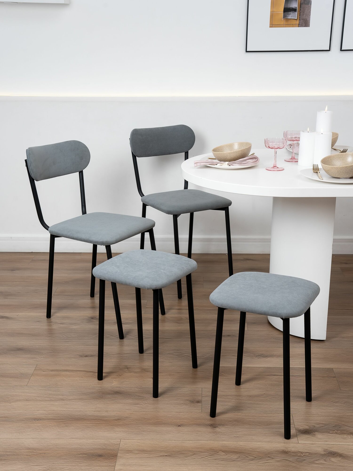 Стулья для кухни 2 шт и табурет 2 шт мягкие, комплект для обеденной зоны, велюр, 43 х 41 х 81 см, Серый