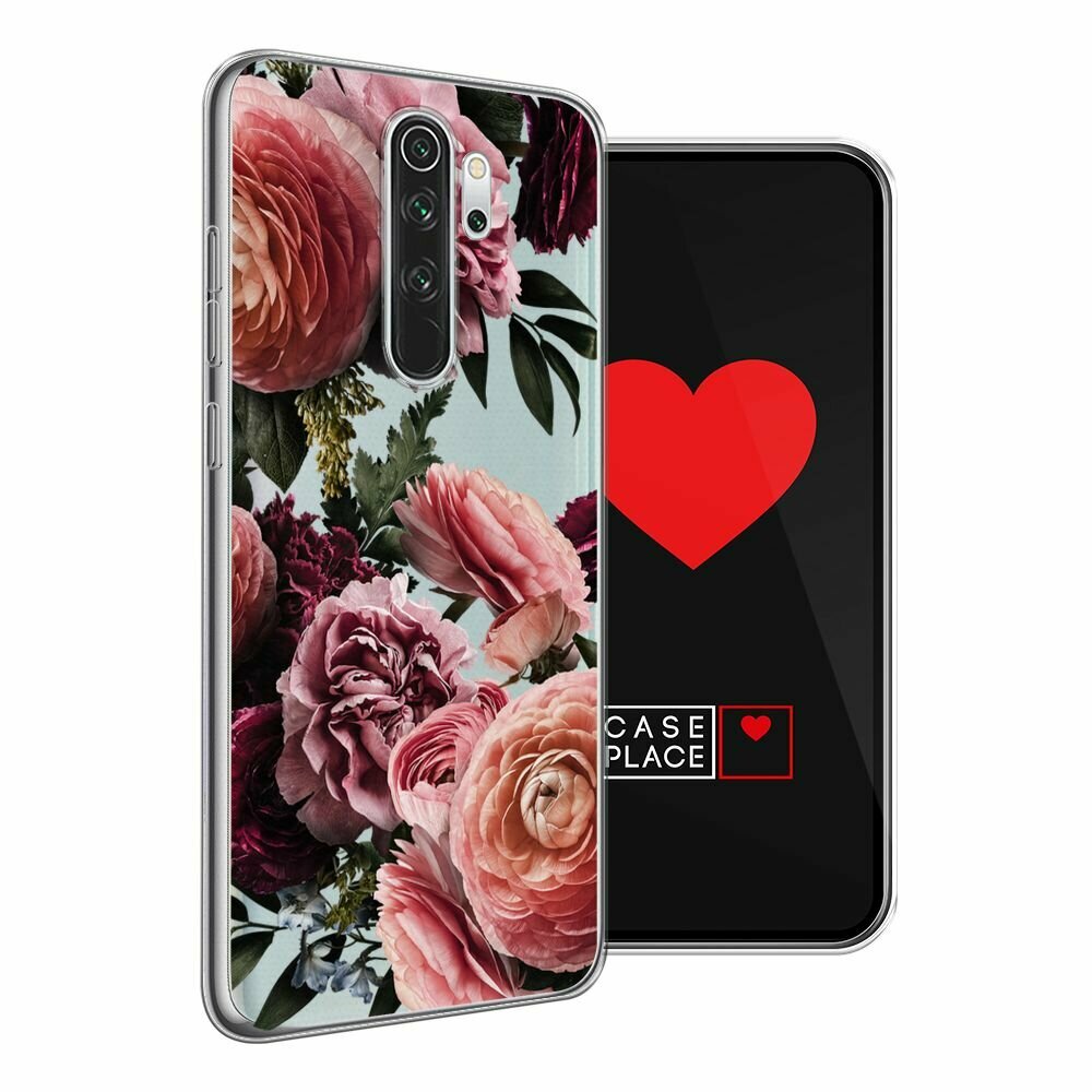 Чехол на Xiaomi Redmi Note 8 Pro / Сяоми Редми Нот 8 Про с принтом "Бордовые винтажные цветы", прозрачный — фото 1