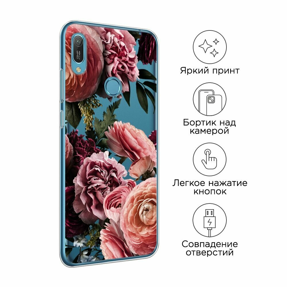 Чехол на Honor 8A/8A Pro/Huawei Y6s/Y6 2019 / Хонор 8А с принтом "Бордовые винтажные цветы", прозрачный — фото 1
