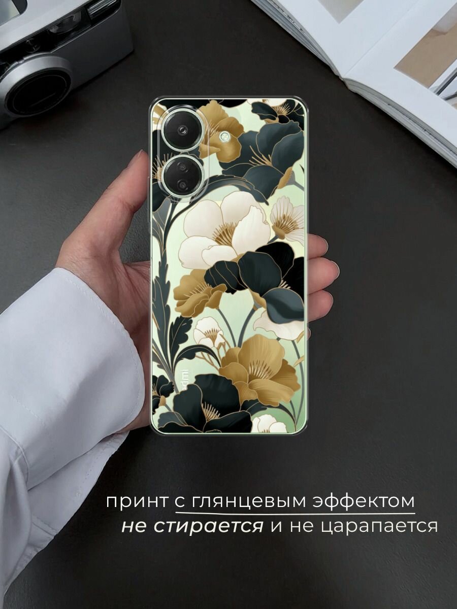 Силиконовый чехол на Xiaomi Redmi 13C/Poco C65 / Сяоми Редми 13C/Поко С65 с принтом Золотые цветы — фото 1