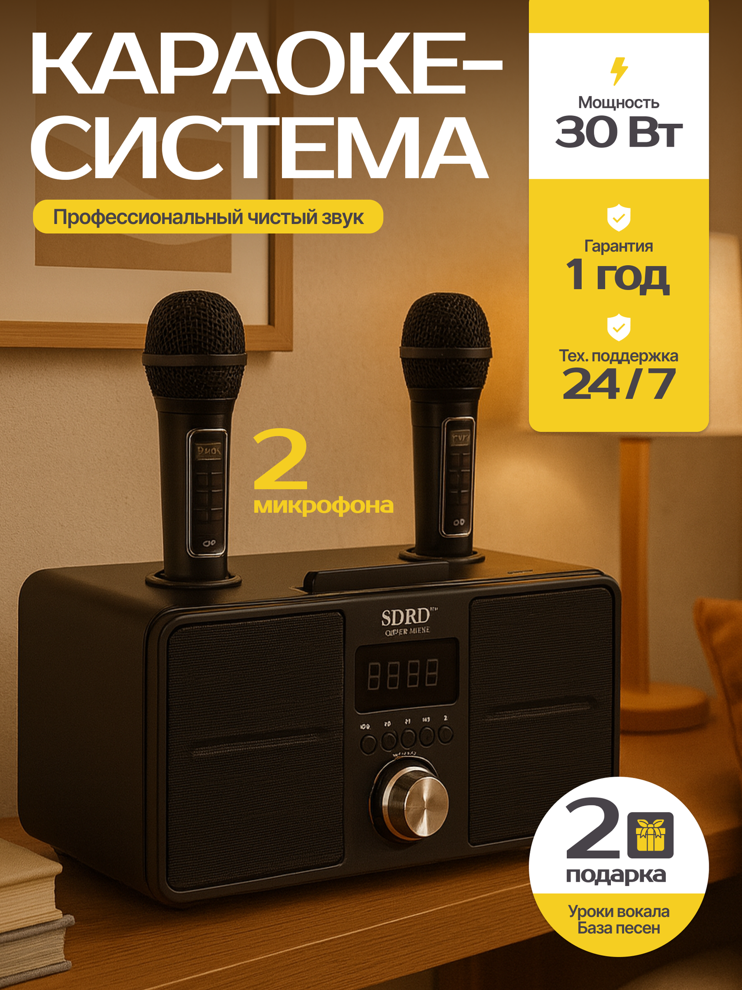 Караоке система с двумя беспроводными микрофонами "SD-309" черная