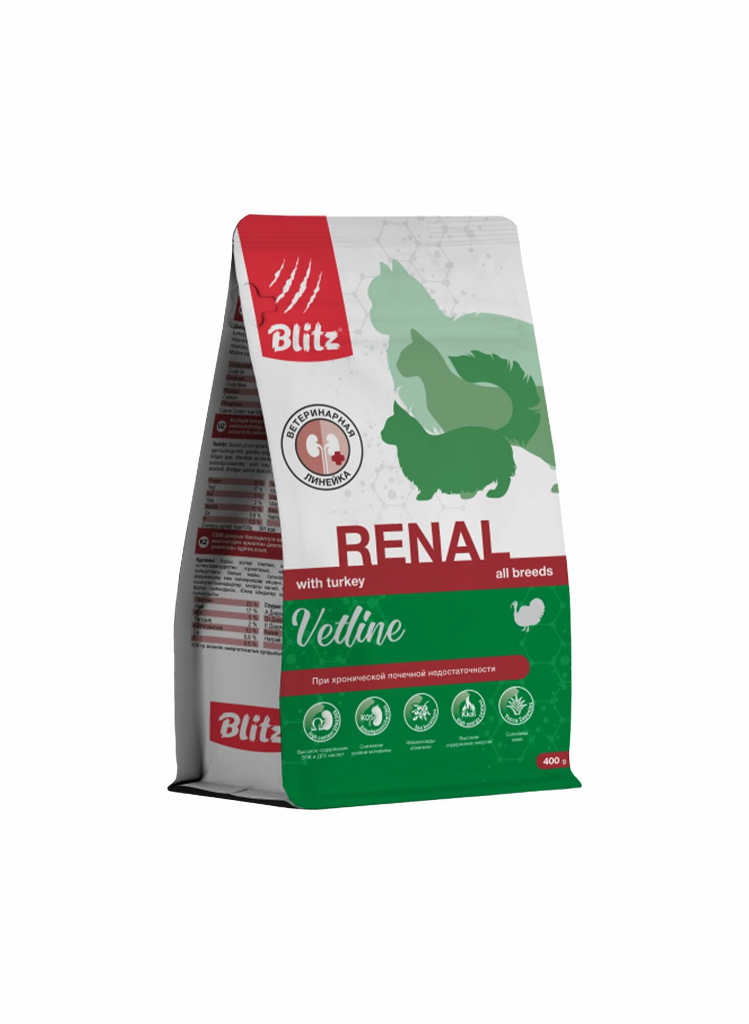 Blitz Vetline Renal диетический полнорационный сухой корм для взрослых кошек при хронической почечной недостаточности - 400 г