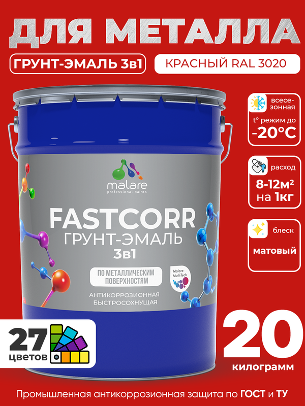 Грунт-эмаль по ржавчине 3 в 1 Malare FastCorr краска для металла, антикоррозионная износостойкая быстросохнущая RAL 3020, красный, матовая, 20 кг.