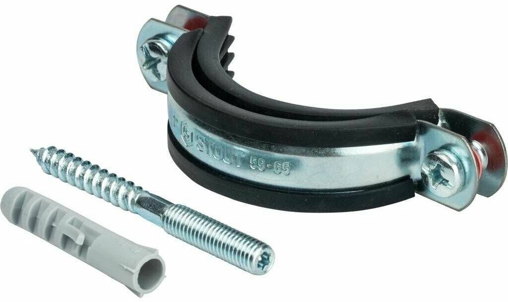 Хомут для труб STOUT комплект: хомут+шпилька+шуруп+дюбель пластиковый 2"(59-65)