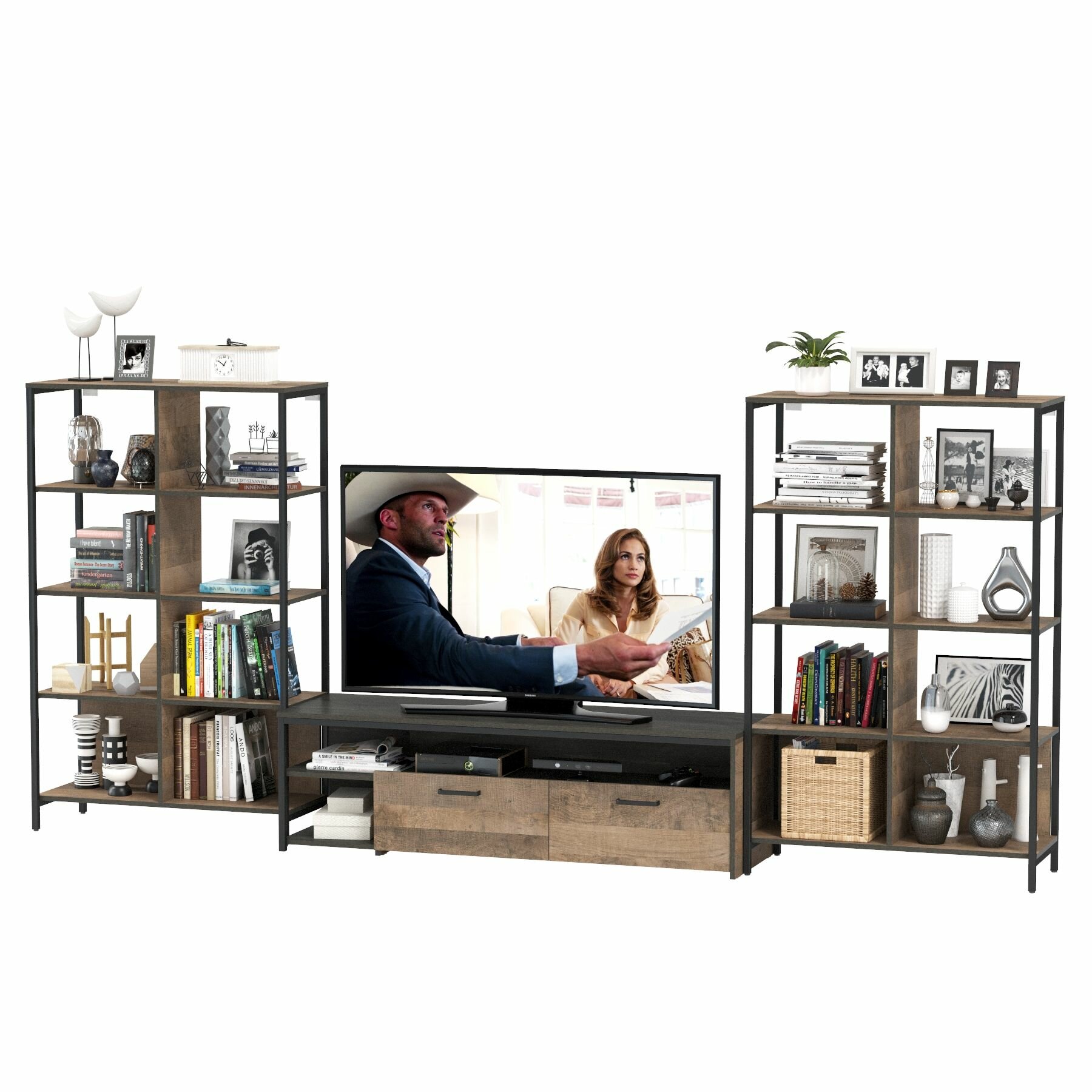 Два стеллажа 13.151.02 в гостиную Трувор и ТВ-тумба, дуб гранж песочный/интра, 329,8х45,4х146 см, ун. сб.