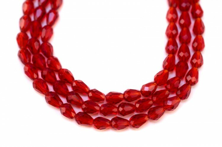 Бусина стеклянная граненая Капля 7х6мм, цвет красный, прозрачная, 503-028, 1 нить (около 50см, около 65шт)