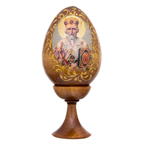 Пасхальное яйцо деревянное на ножке Святой Николай Чудотворец 9 см