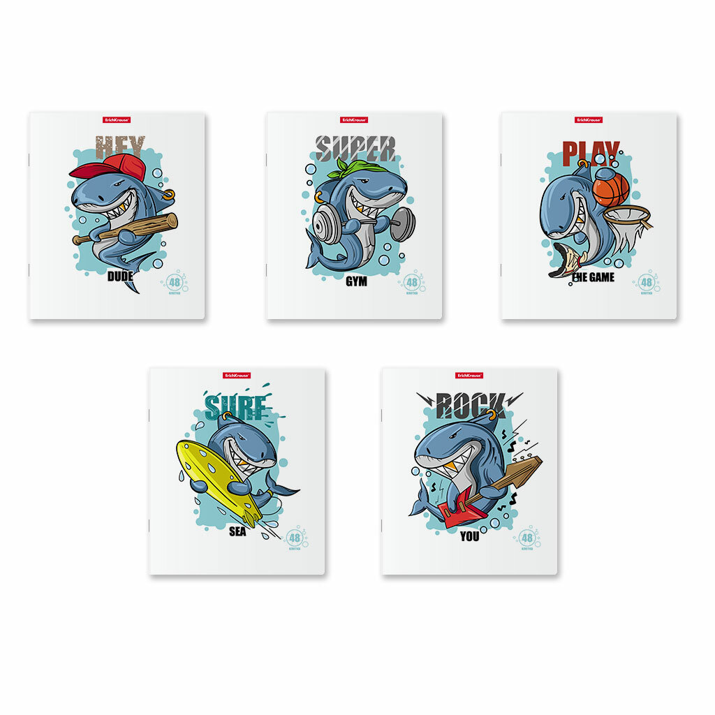 Тетрадь общая ученическая "Crazy Shark" 48 листов, клетка, в ассортименте (5 штук)