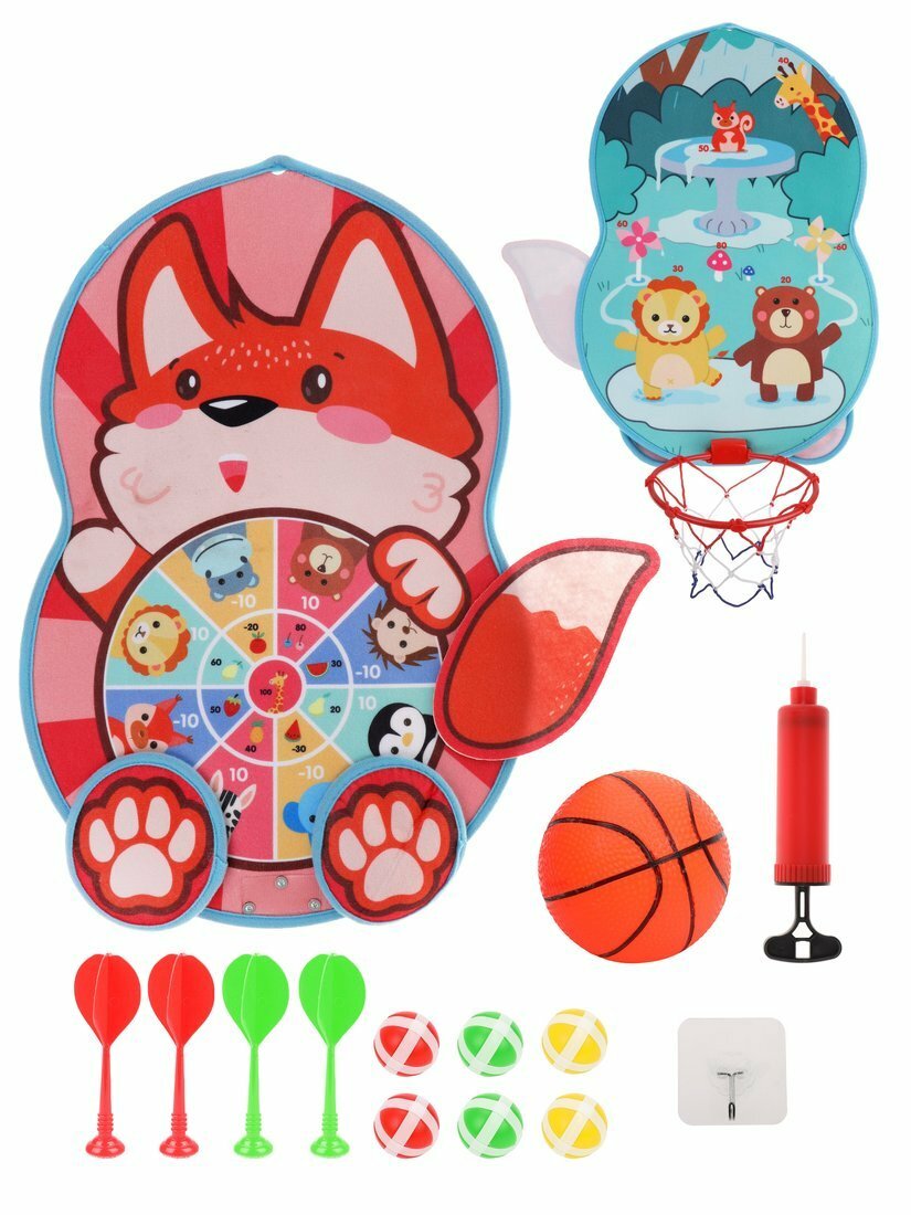 Игра комнатная Лисичка: Дартс с липучкой двусторонний 21 см. 2 в 1 с баскетбольным кольцом Moby Kids 76876