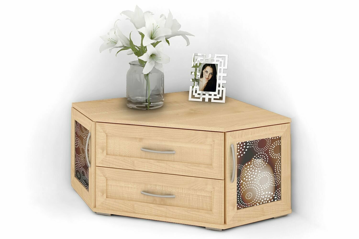 Комод Атос 2П стекло с пескоструйным рисунком, клен танзау, рамка квадро