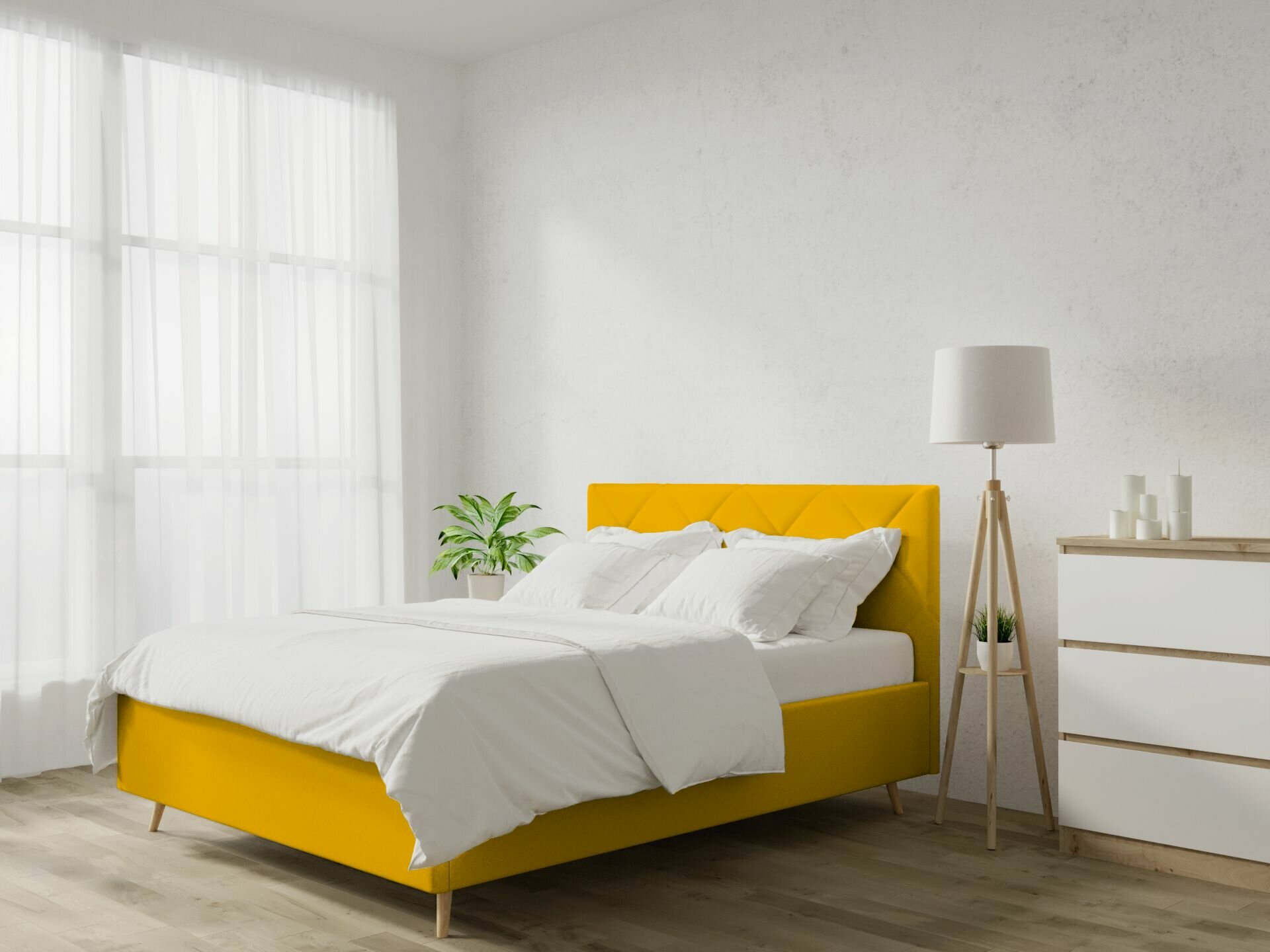 Двуспальная кровать 120х200, "Kim" с мягким изголовьем для дома, для спальни, ортопедическое основание. Рогожка Горчичный (без подъёмного механизма) Bjork mustard