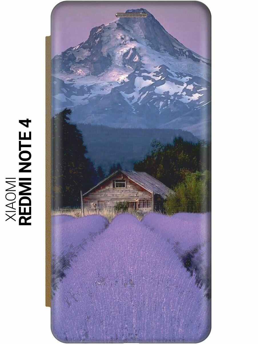 Чехол-книжка на Xiaomi Redmi Note 4, Note 4X, Сяоми Редми Ноут 4, Ноут 4Х c принтом "Лавандовое поле в горах" золотистый