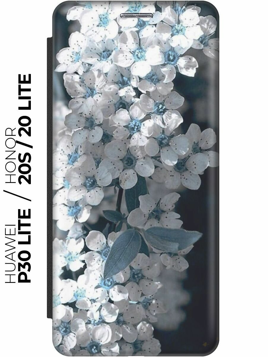 Чехол-книжка Бело-голубые цветочки на Honor 20 Lite / 20s / Huawei P30 Lite / Хуавей П30 Лайт / Хонор 20 Лайт / 20s черный