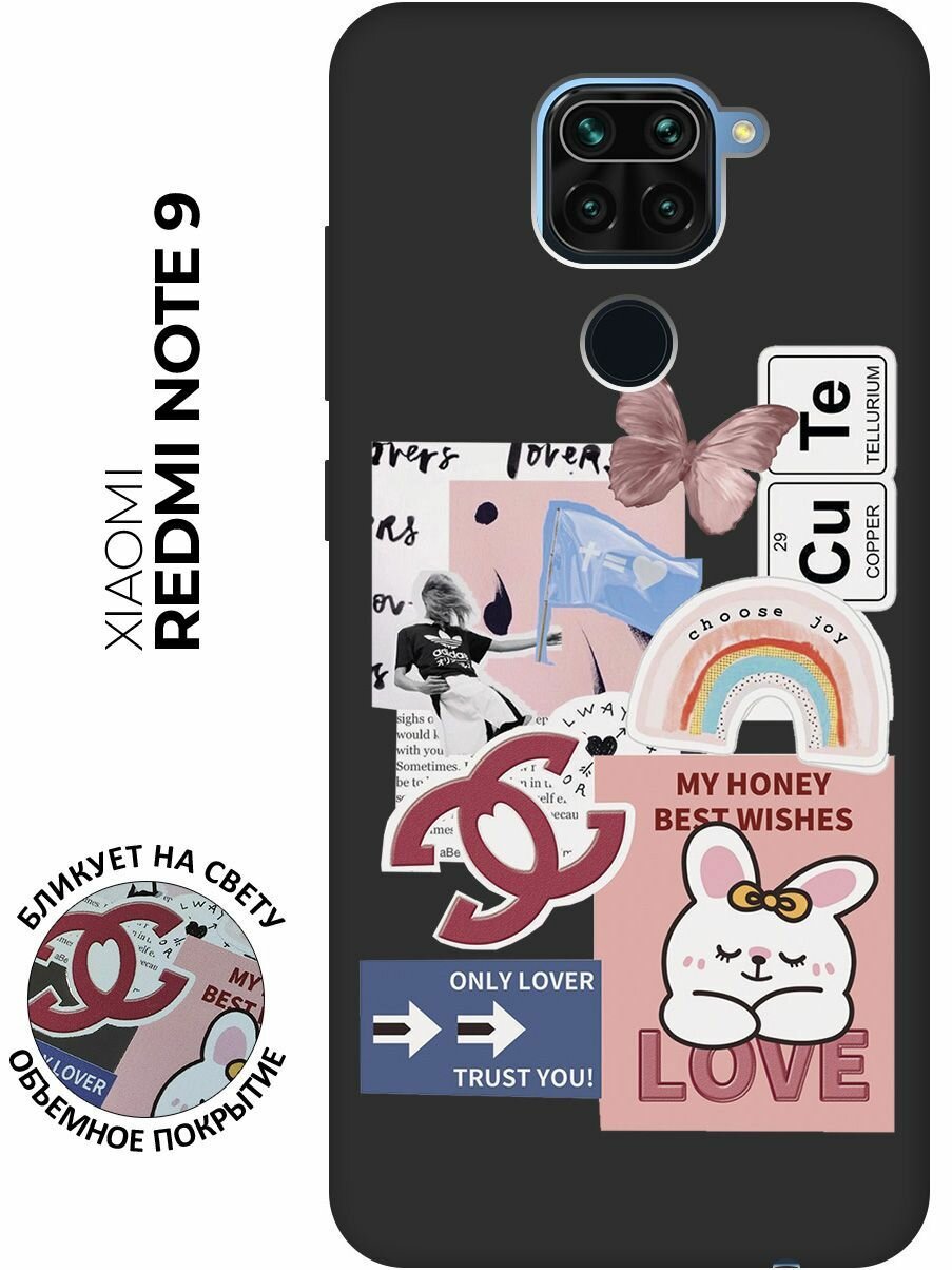 Матовый чехол Cute Stickers для Xiaomi Redmi Note 9 / Сяоми Редми Ноут 9 с 3D эффектом черный