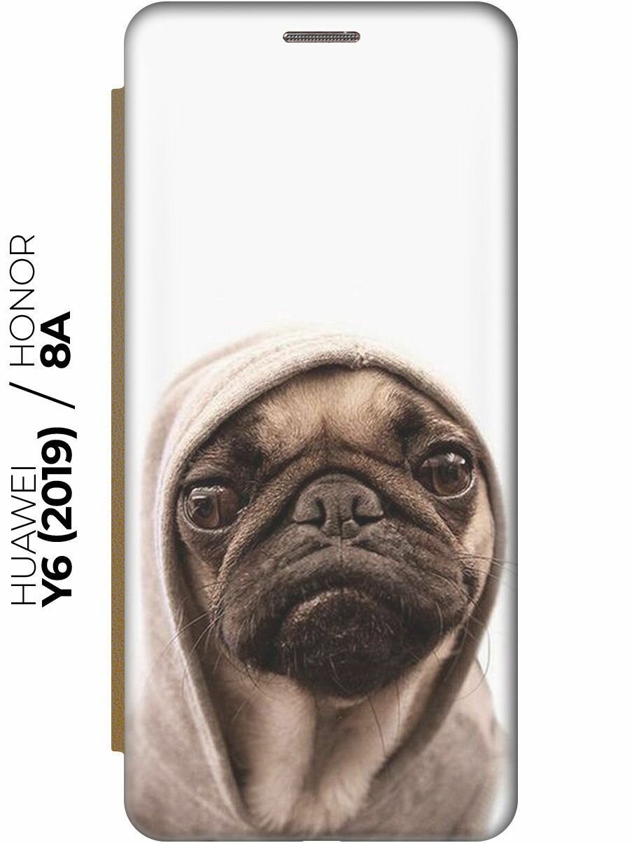 Чехол-книжка Мопс в капюшоне на Honor 8A / 8A Pro / Huawei Y6 (2019) / Y6 Prime (2019) / Хонор 8а / 8а Про / Хуавей У6 2019 / У6 Прайм 2019 золотой