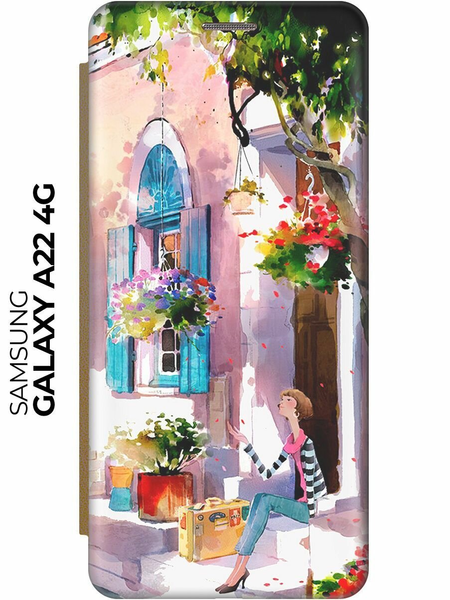 Чехол-книжка Девочка на цветущей улочке на Samsung Galaxy A22 / M32 / M22 / Самсунг А22 / М32 / М22 золотой