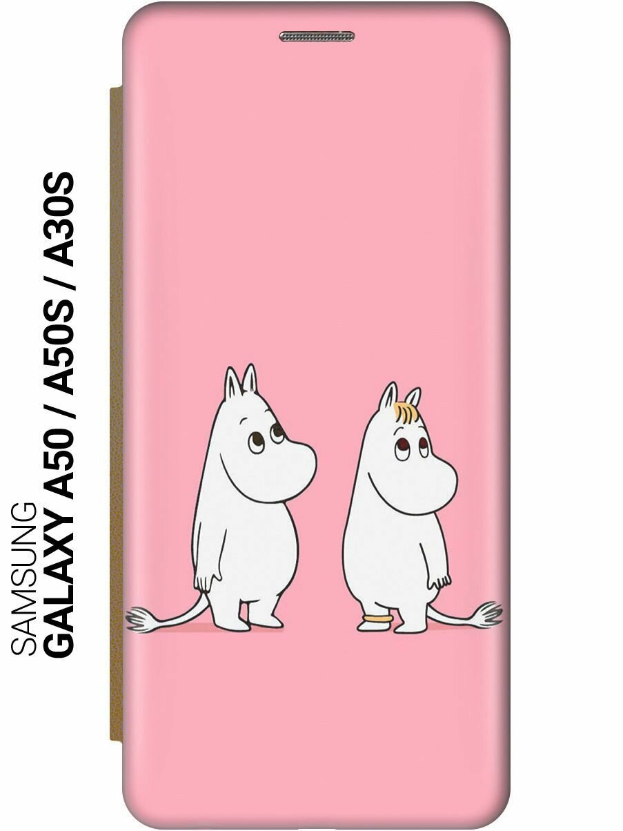 Чехол-книжка на Samsung Galaxy A50, A50s, A30s, Самсунг А50, А30с, А50с c принтом "Муми-тролли на розовом" золотистый