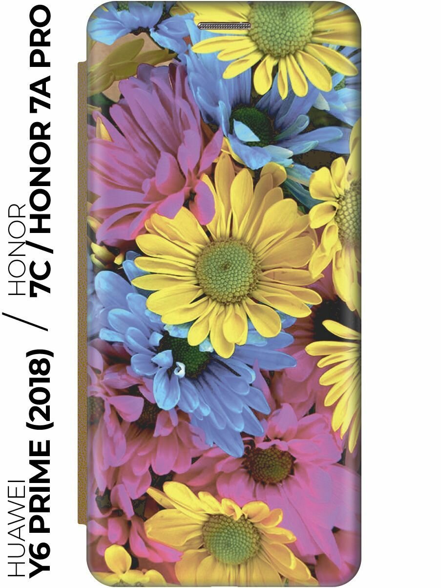 Чехол-книжка Разноцветные ромашки на Honor 7C / 7A Pro / Huawei Y6 Prime (2018) / Хуавей У6 Прайм 2018 / Хонор 7А Про / 7С золотой