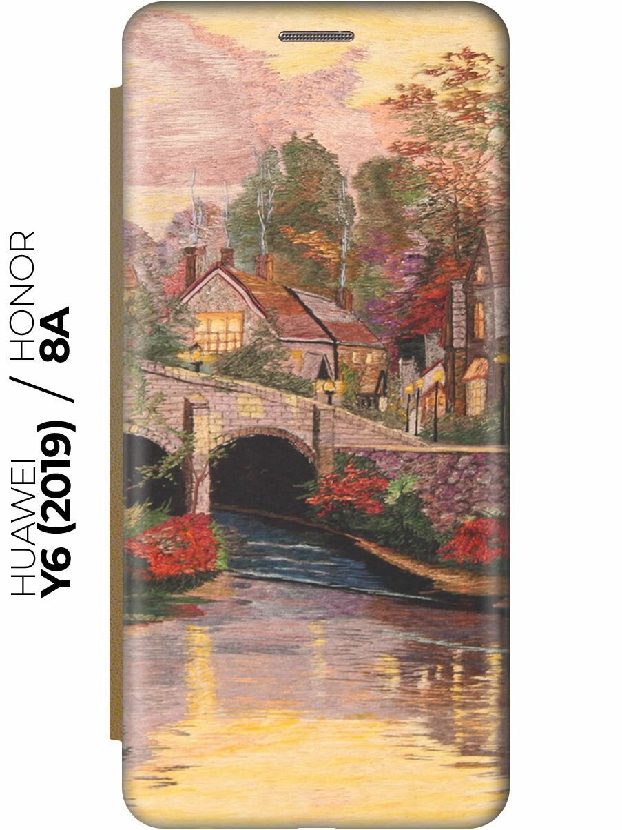 Чехол-книжка Вид на живописный мост на Honor 8A / 8A Pro / Huawei Y6 (2019) / Y6 Prime (2019) / Хонор 8а / 8а Про / Хуавей У6 Прайм 2019 золотой