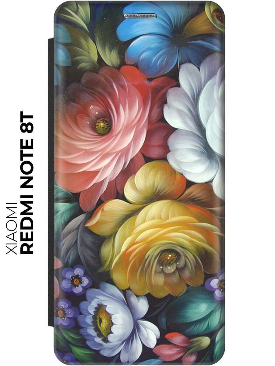 Чехол-книжка Цветочная роспись на Xiaomi Redmi Note 8T / Сяоми Редми Ноут 8Т черный