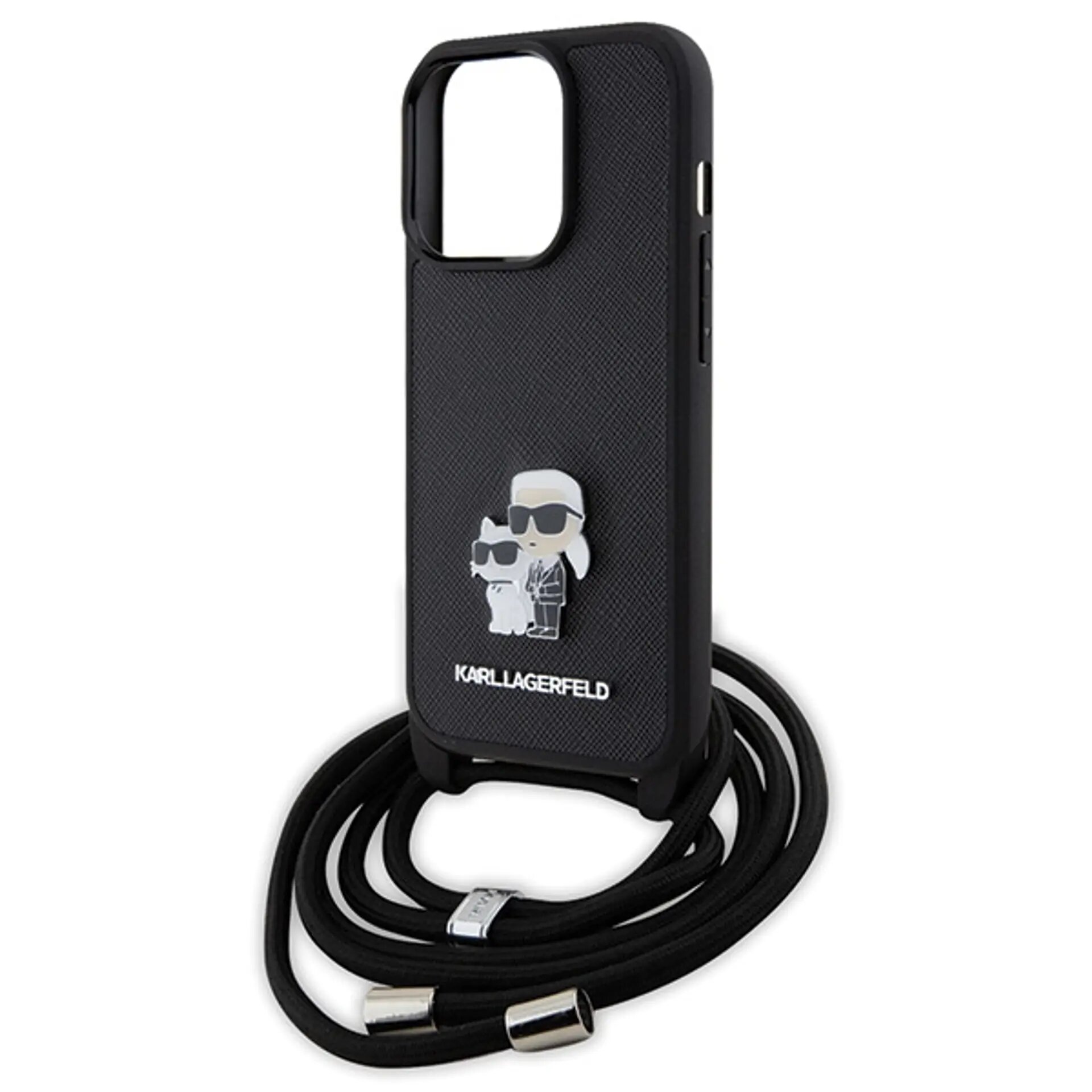 Lagerfeld для iPhone 15 Pro чехол Crossbody PU Saffiano NFT Karl & Choupette Metal Hard Black