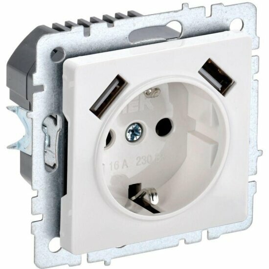 Розетка Iek BRITE РЮш10-1-БрБ 16А с USB A+A 2.1А с заземл. защ. шторки бел, BR-R14-16-U21-D21-K01