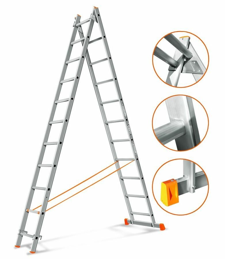 Двухсекционные Алюминиевые Лестницы Эйфель Гранит 2Х11, Длина 5.42 М, Нагрузка 150 Кг.