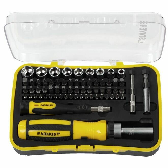 Отвертка реверсивная в наборе с битами и торцевыми головками STAYER 65 шт.