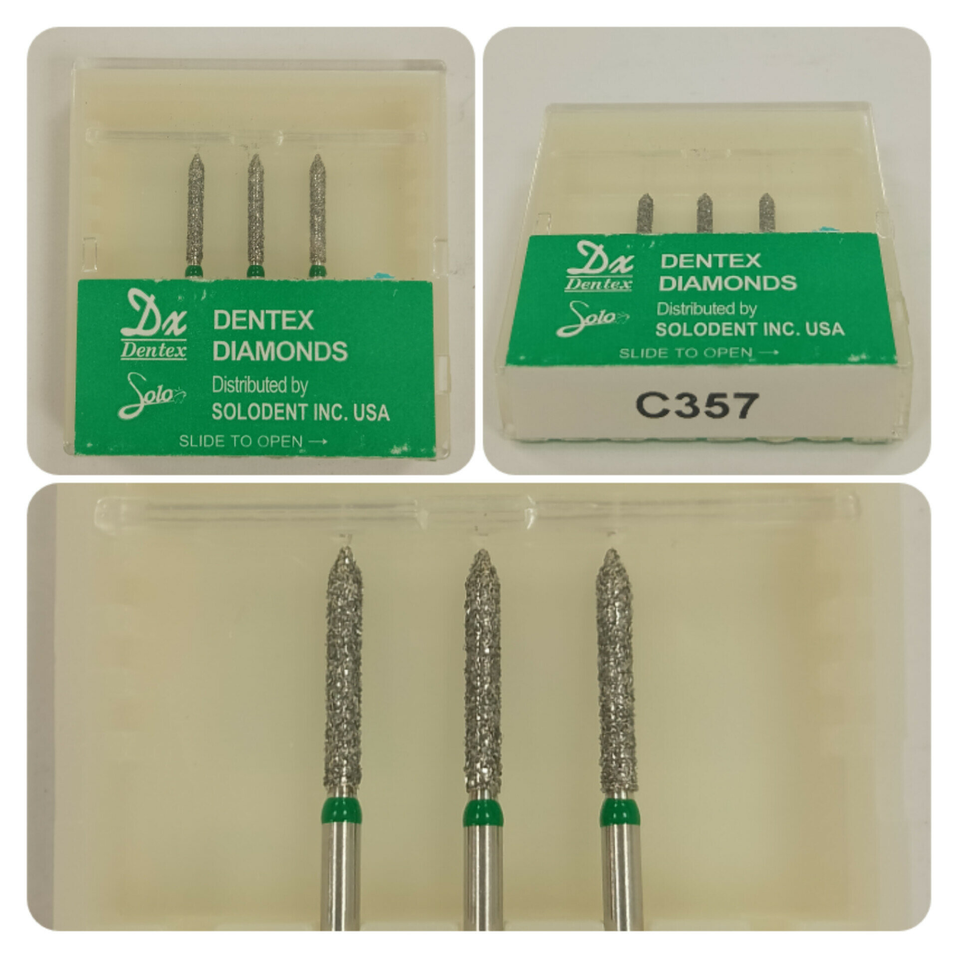 Боры стоматологические алмазные Dentex турбинные цилиндр с усеченным концом С357 размер 014, зеленая насечка, 3 штуки