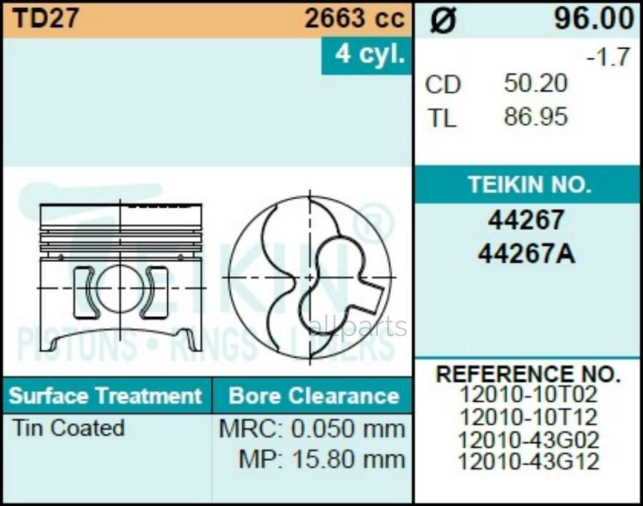 TEIKIN 44267 STD Поршни (к-т 4 шт) NISSAN ATLAS/TERRANO TD27 86-95