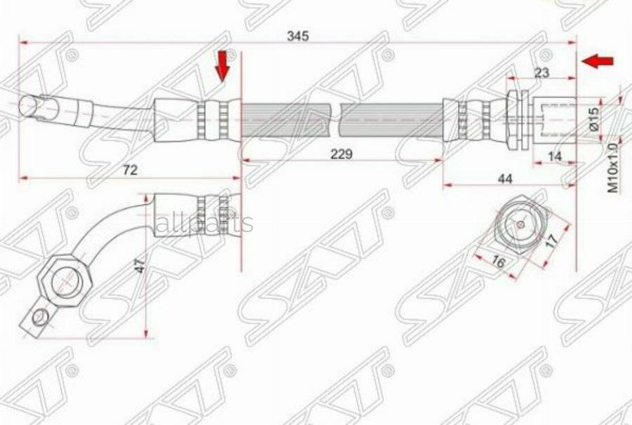 SAT ST-90947-02615 Шланг тормозной (Сзади/ Слева/ Диск) Toyota Land Cruiser (J80) 84-04 / Land Cruiser Prado (J70, J90)