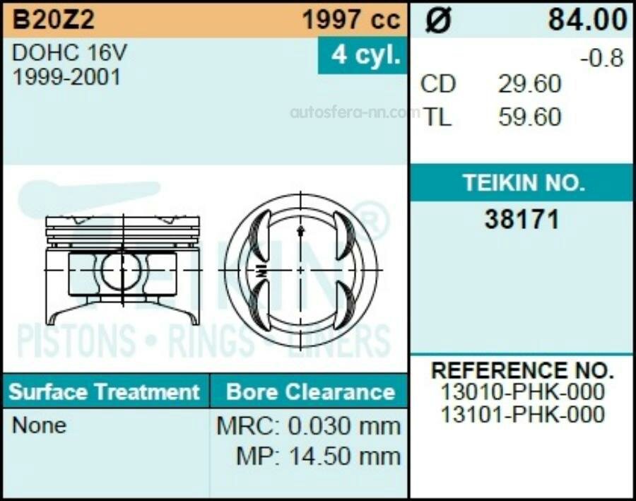 TEIKIN 38171STD Поршень (STD/ к-т 4 шт) Honda CR-V 95-99 / Stepwgn 96-01 B20B; B20B2; B20B3; B20B9; B20Z1; B20Z3