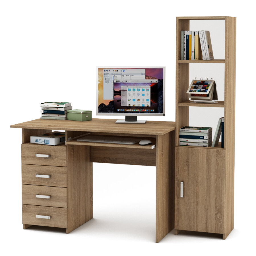 Стол письменный, компьютерный со стеллажом Лайт (Ньюкасл) 4К Дуб сонома