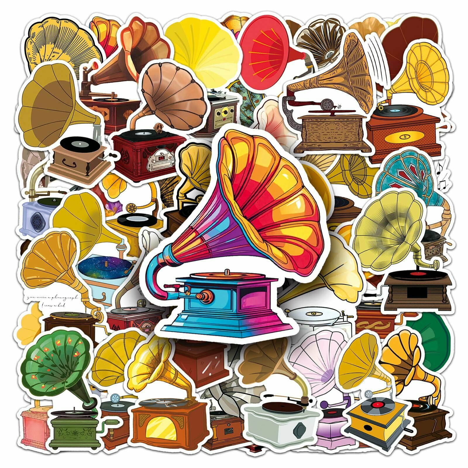 Набор из 50 наклеек с изображением граммофона, винтажные ретро-наклейки с мультяшным рисунком, водонепроницаемые виниловые наклейки для ноутбука, альбома, журнала, чехла для телефона, поделки из смолы своими руками, украшения на музыкальную тематику