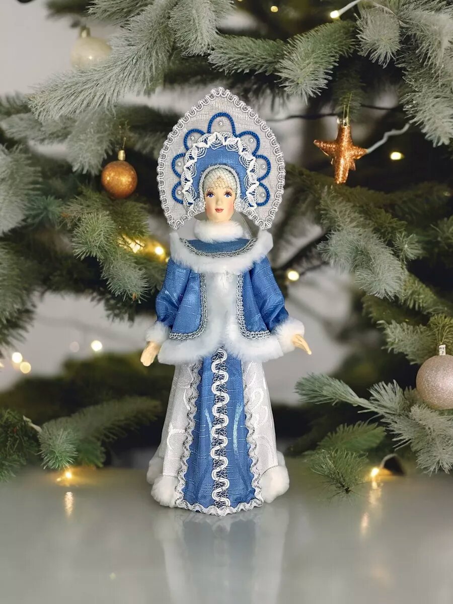 Кукла Снегурочка под ёлку авторская ручная работа 31 см бело-голубая