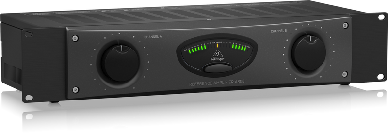 Behringer A800 усилитель 2-канальный студийный. Мощность при1%КГИ 2х400Вт•4Ω/220Вт•8Ω/мост 800Вт•8Ω, высота 2U
