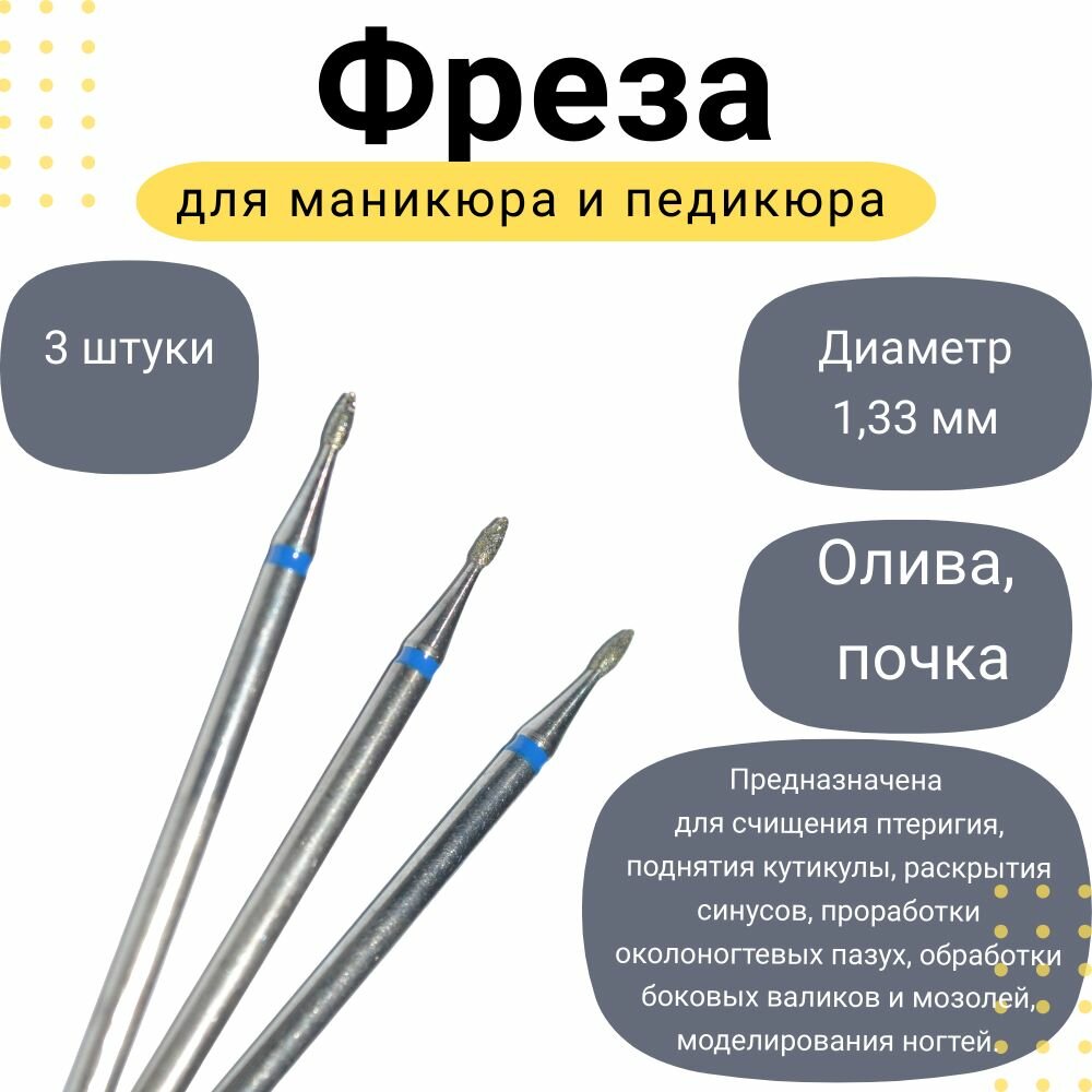 Фреза для аппаратного маникюра и педикюра, капля (олива, почка), синяя насечка,1,33мм, 3 шт.