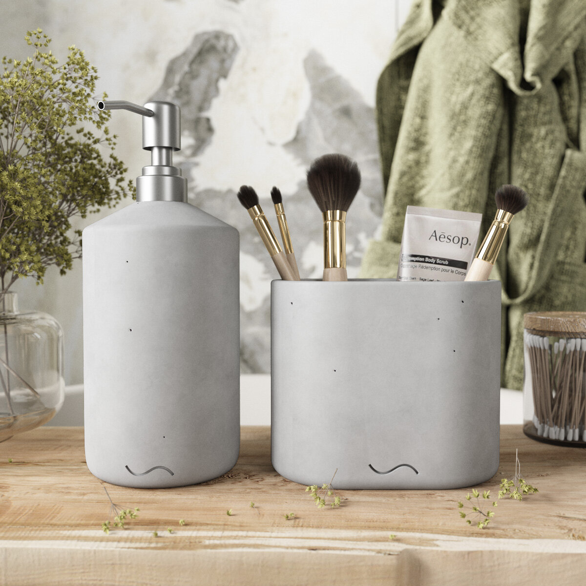 Набор для ванной Astrid 18 (дозатор для жидкого мыла 0,4 л, двойной стакан для зубных щёток) бетон, серый матовый